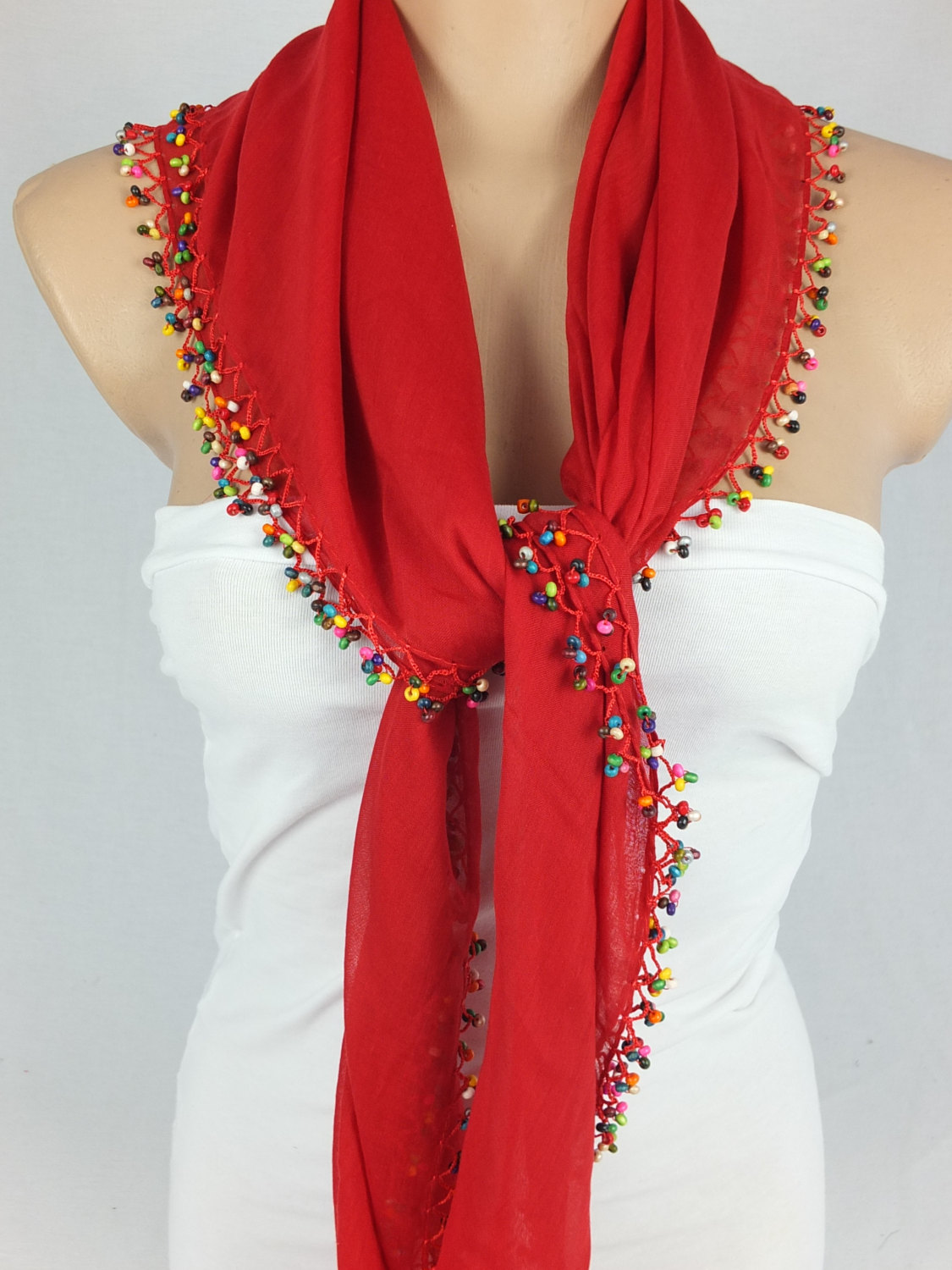 Red Scarf With Crocheted Bead Edges, Square Head Scarf,traditional ...